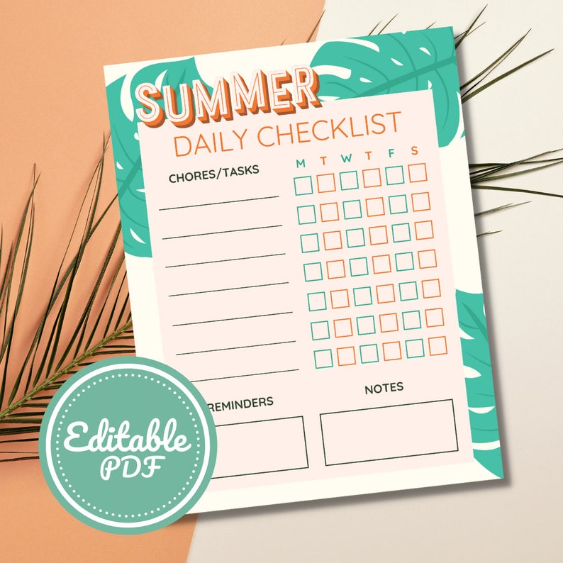 SUMMER Daily Checklist Chart for Kids Responsibility Chore My Daily to ...