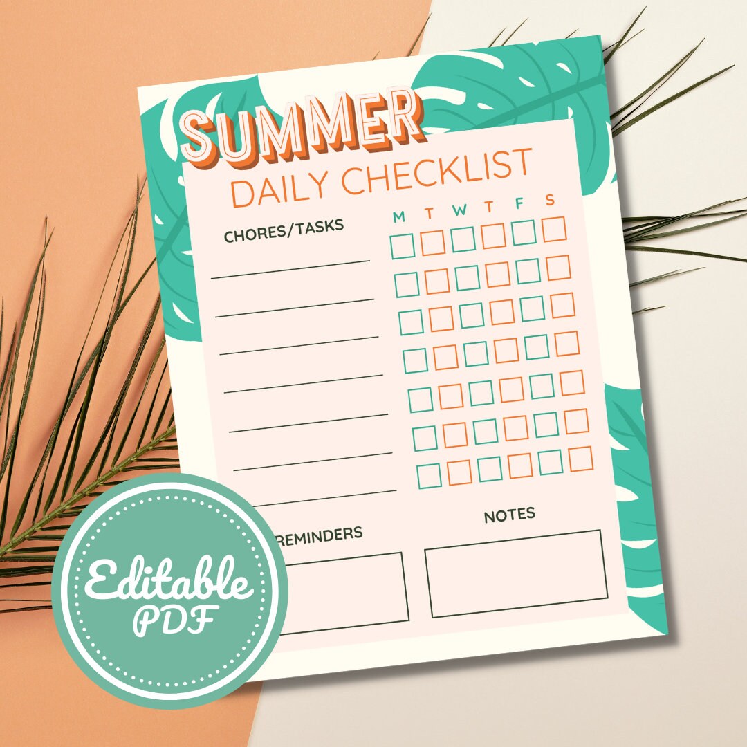 SUMMER Daily Checklist Chart for Kids Responsibility Chore My Daily to ...