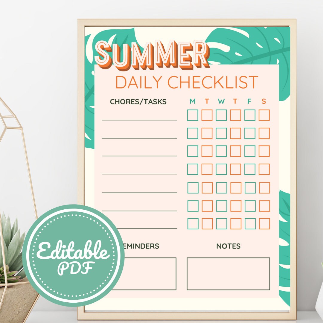 SUMMER Daily Checklist Chart for Kids Responsibility Chore My Daily to ...
