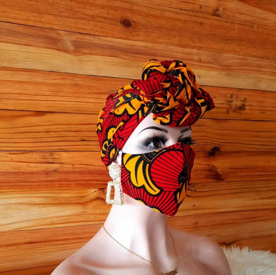 African Print Nose Mask With Matching Head Wrap Set for Sale| Ankara ...