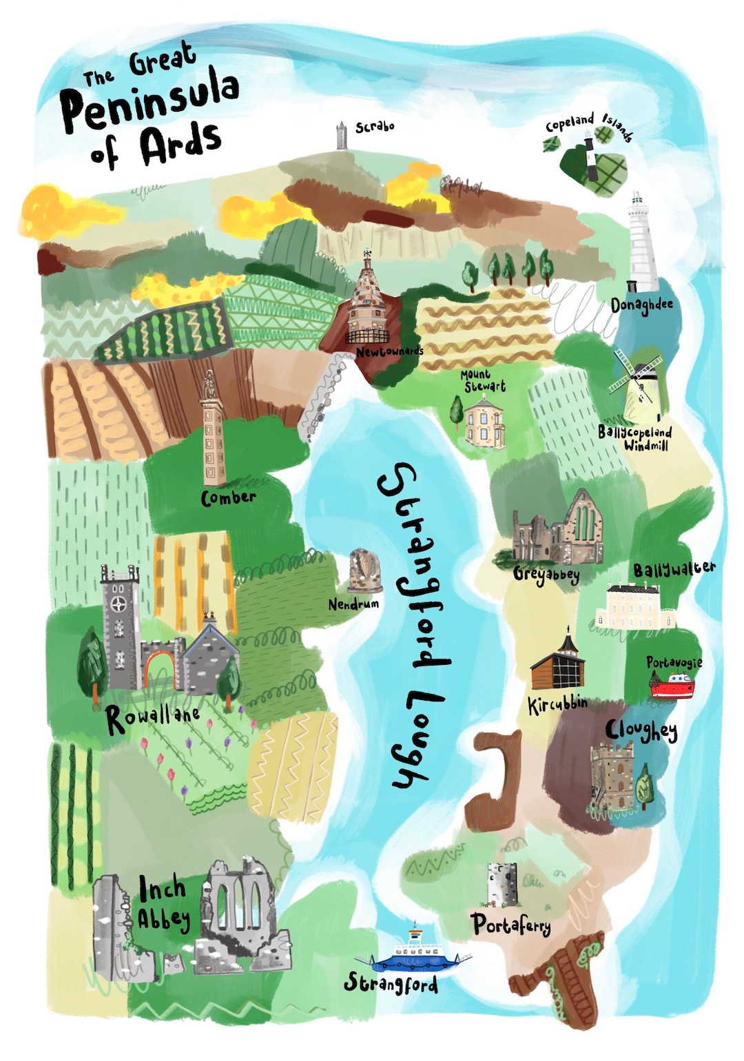 Ards Peninsula Map Print, Northern Ireland Illustration (A4/A3) - Etsy