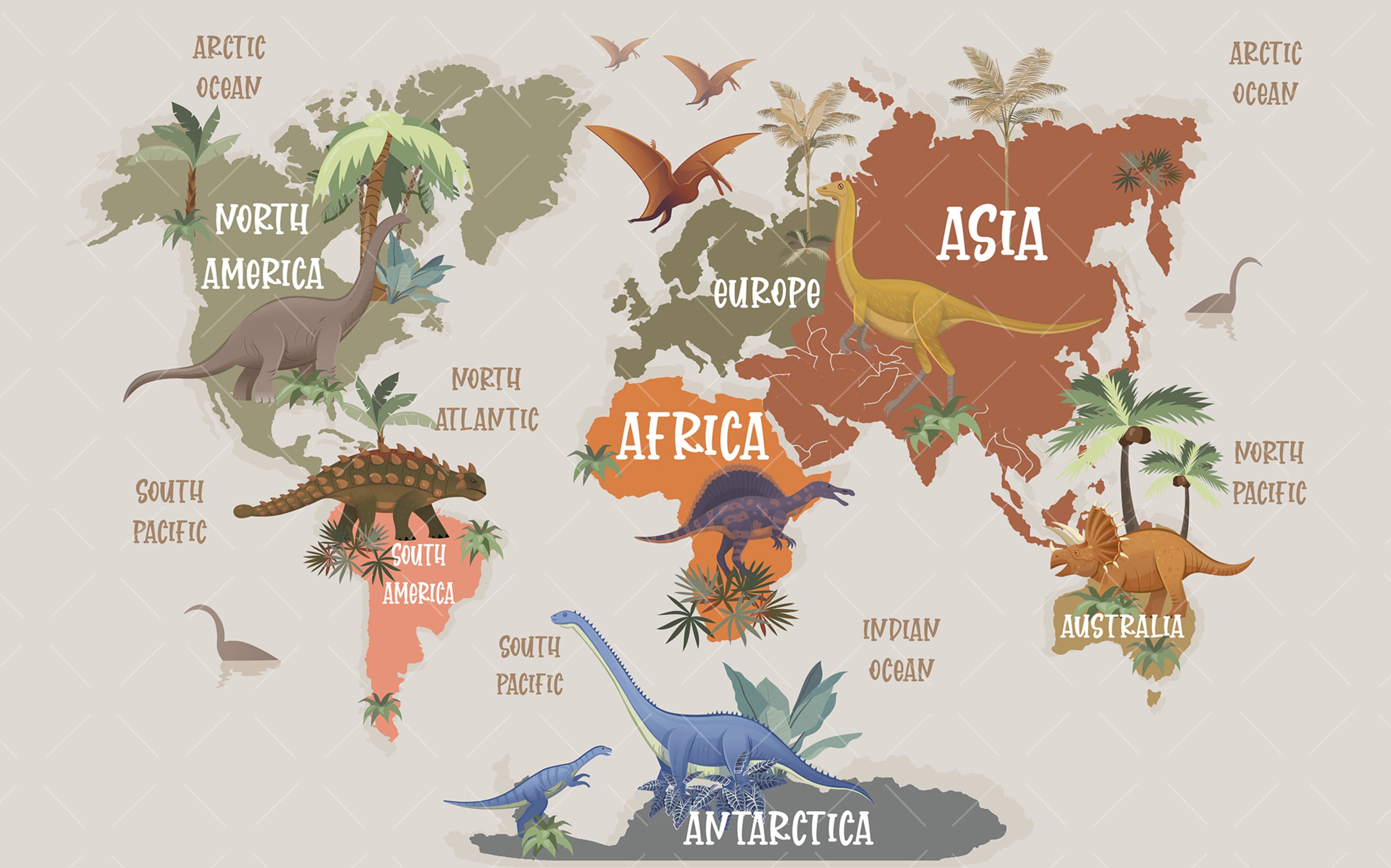 Kids Dinosaurs Map Wallpaper World Map Clouds Nursery and | Etsy