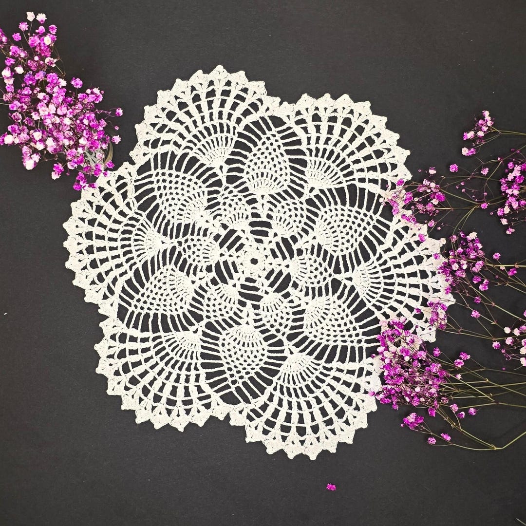White Сream Knitted Doily D 32cm (12,6 Inch), Handmade Snowflake Napkin ...