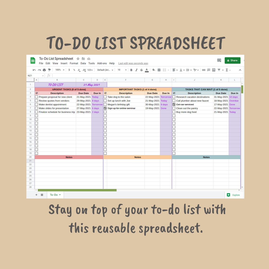 To-do List Spreadsheet Daily Organizer Calendar Planner - Etsy