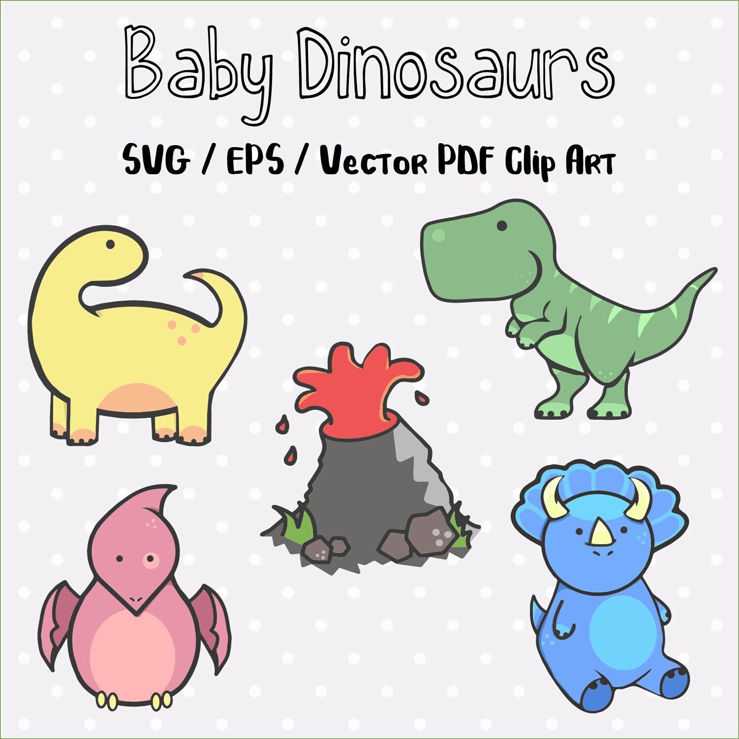 EPS/SVG/PDF File Baby Dinosaur Clipart, Cute Dinosaur Clipart, Dino ...
