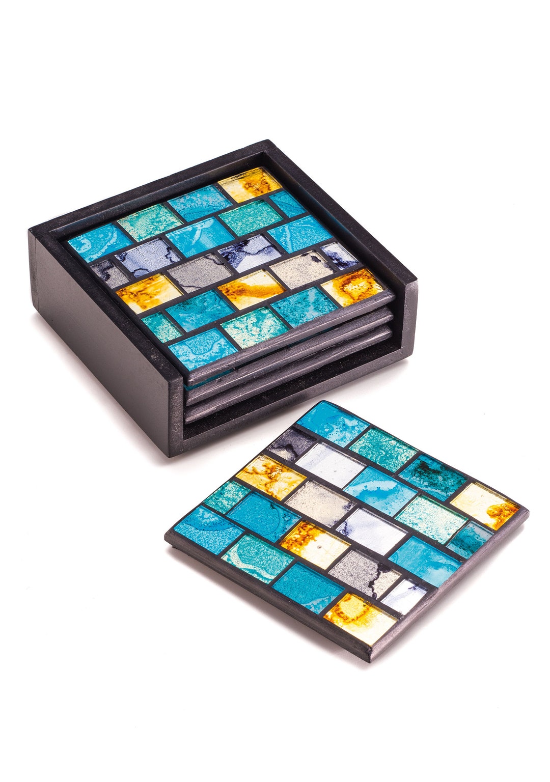 Set of 4 Coasters, Rich Gold Mosaic, Drink Coasters, Coasters Set, Blue ...