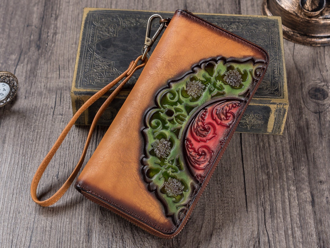 Genuine Leather Zip Around Women Wallet Wristlet Long Purse Vintage ...