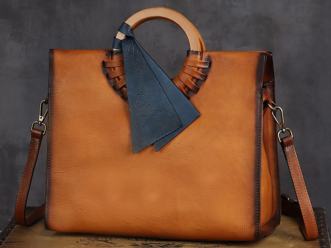 Genuine Leather Top Handle Handbag for Women Vintage Satchel Retro ...