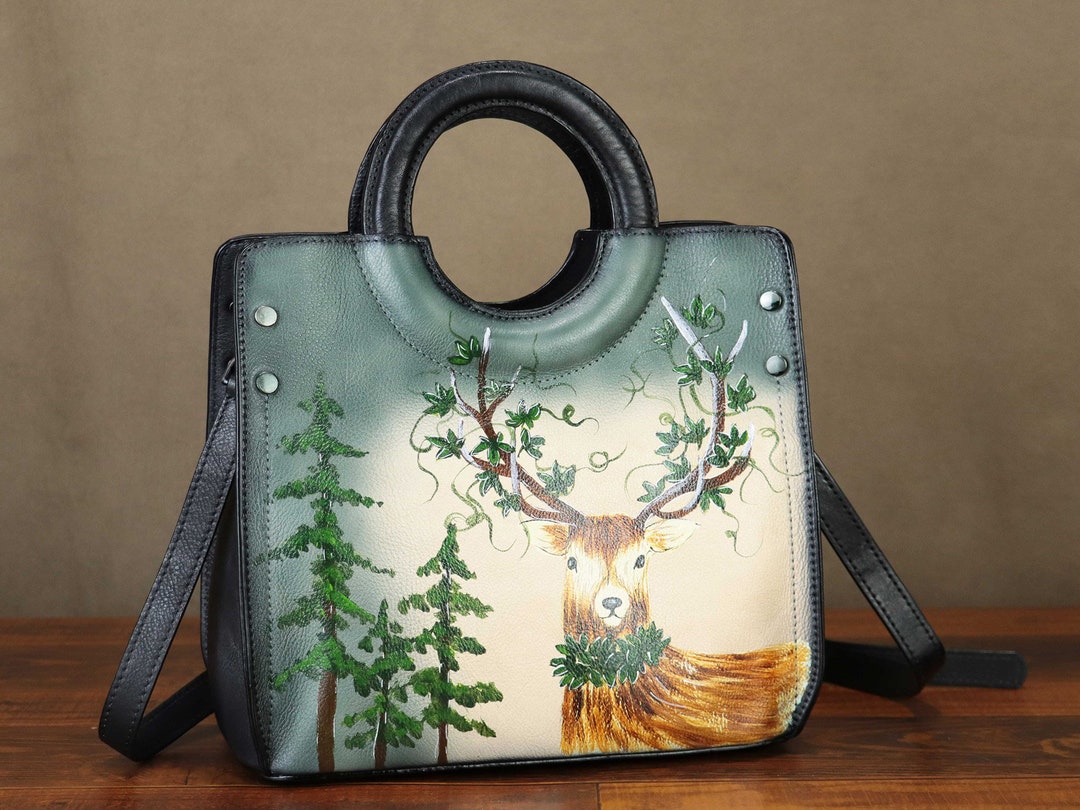 Handmade Genuine Leather Satchel: Hand Painted Deer Top Handle Bag - Etsy