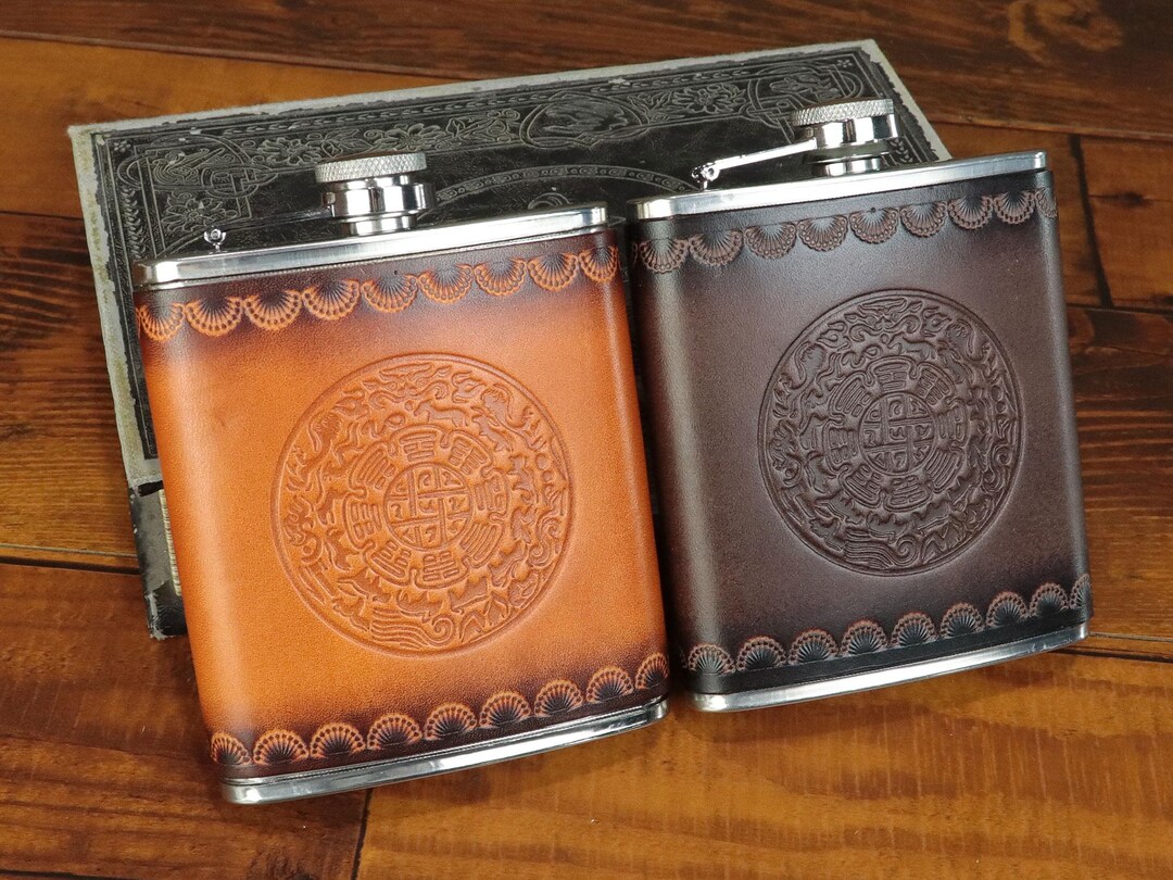 Flask With Italy Genuine Leather Cover Vintage Stainless Steel Flagon ...