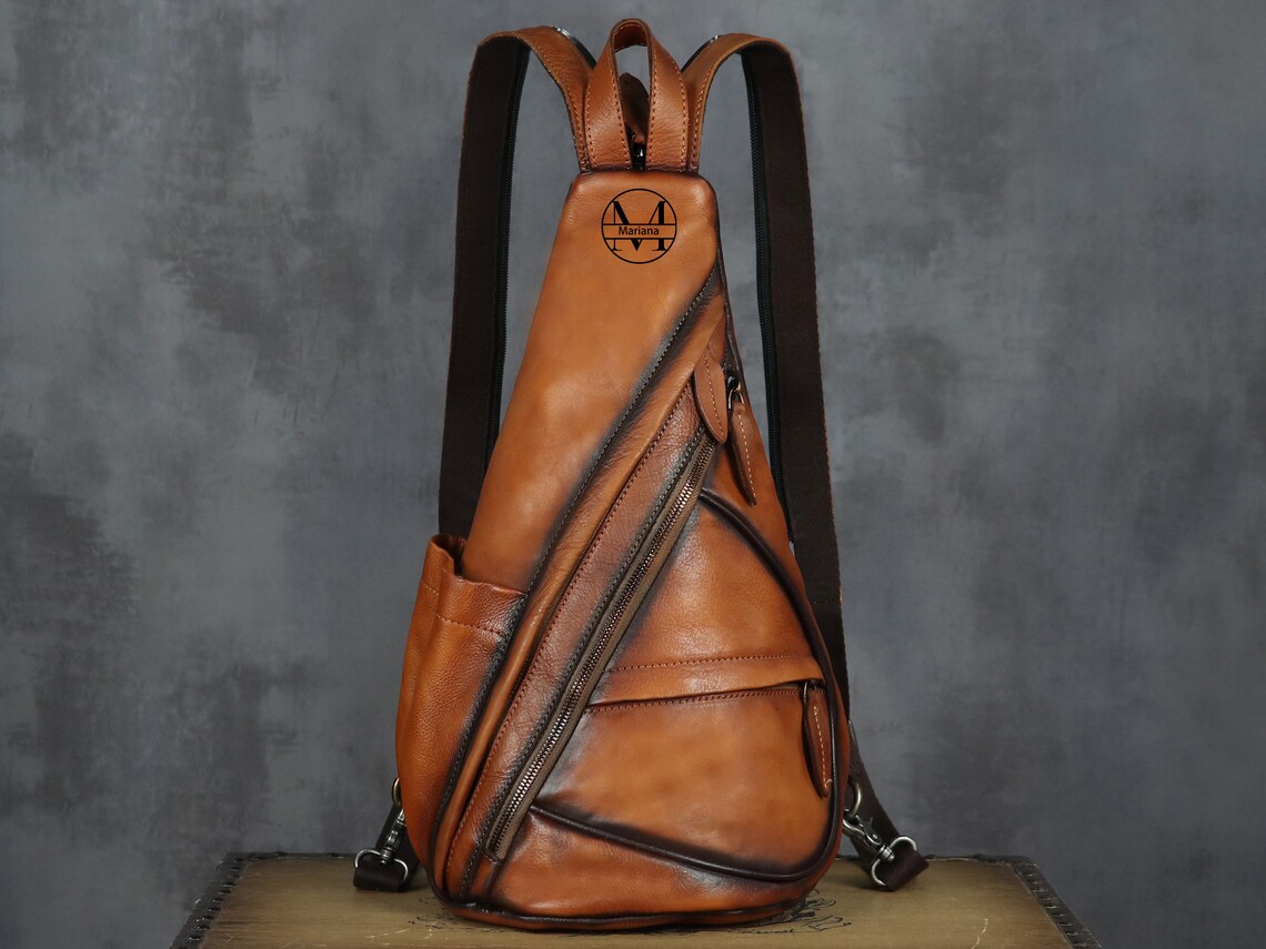 Genuine Leather Sling Bag Casual Shoulder Hiking Backpack - Etsy