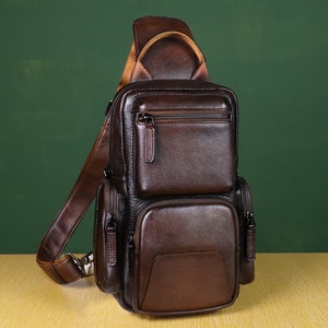 Genuine Leather Sling Bag Crossbody Casual Hiking Daypack Vintage ...