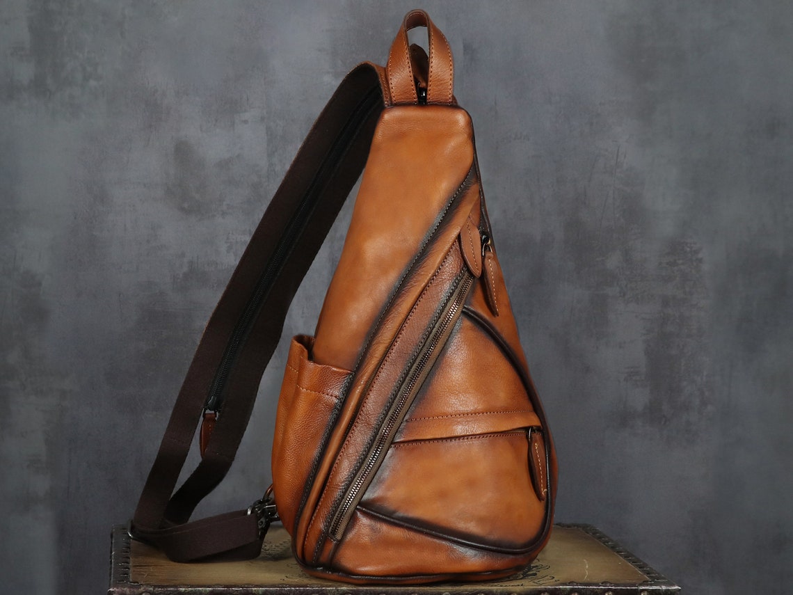 Genuine Leather Sling Bag Casual Shoulder Hiking Backpack - Etsy