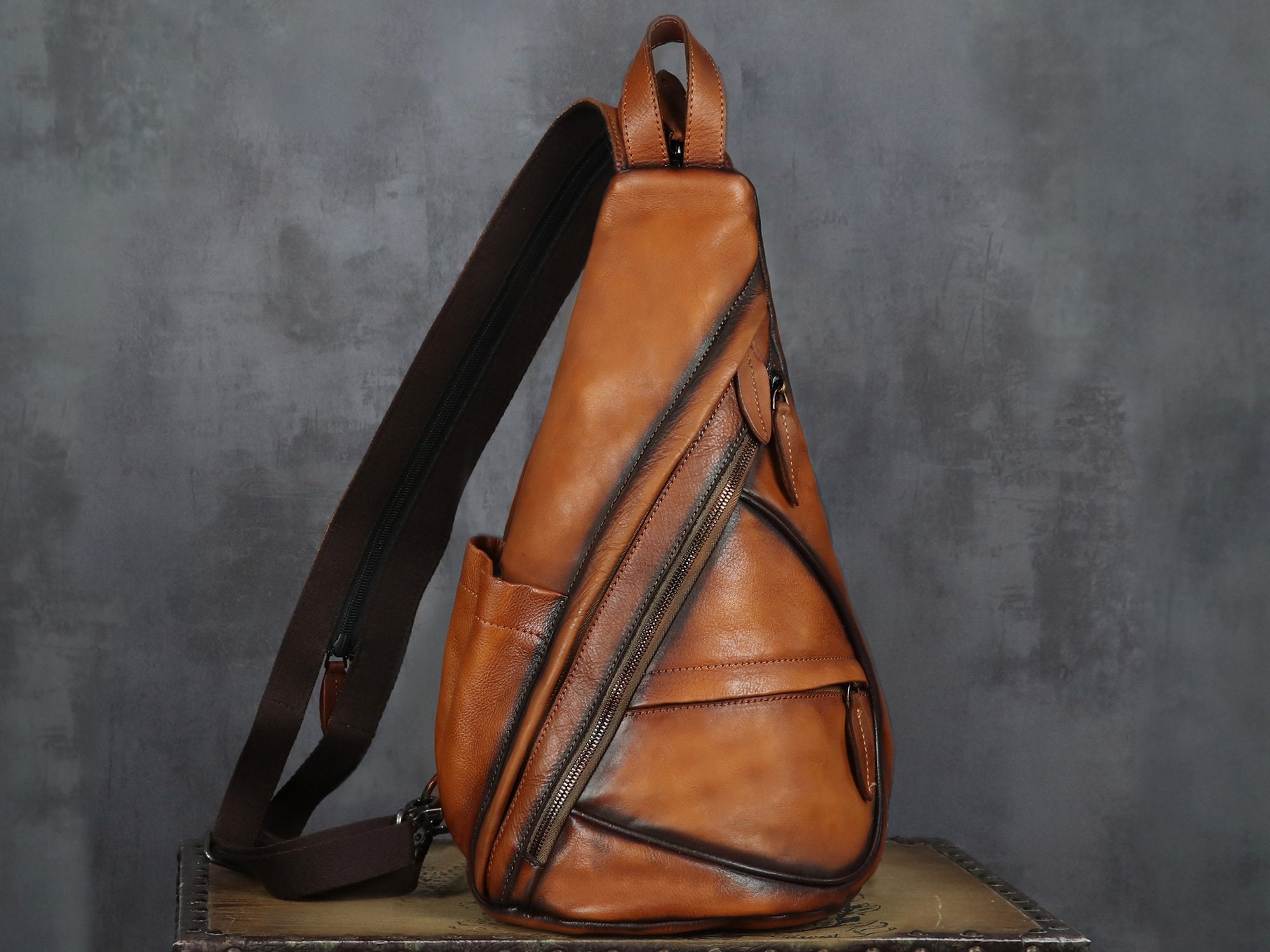 Genuine Leather Sling Bag Casual Shoulder Hiking Backpack - Etsy