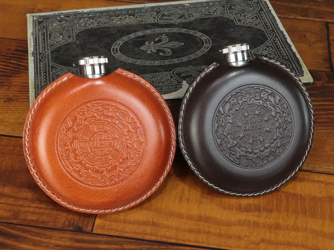 Flask With Italy Leather Wrapped Cover Vintage Genuine Leather ...