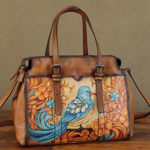 Genuine Leather Shoulder Bag Tote Bag for Women Hand Painted Bird ...