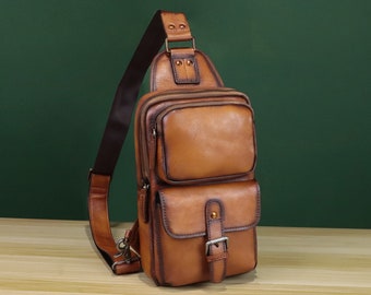 Genuine Leather Sling Bag Vintage Crossbody Hiking Shoulder Bag ...