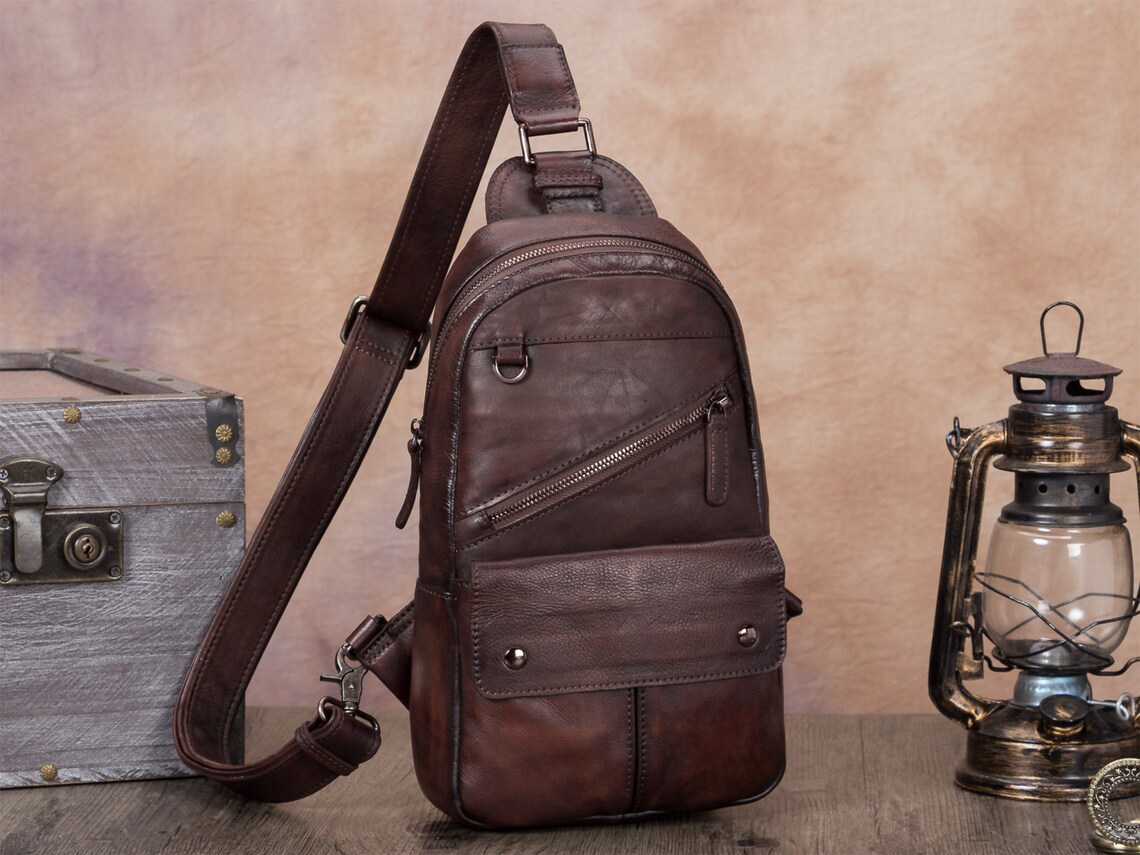 Genuine Leather Sling Bag Crossbody Hiking Daypack Vintage - Etsy