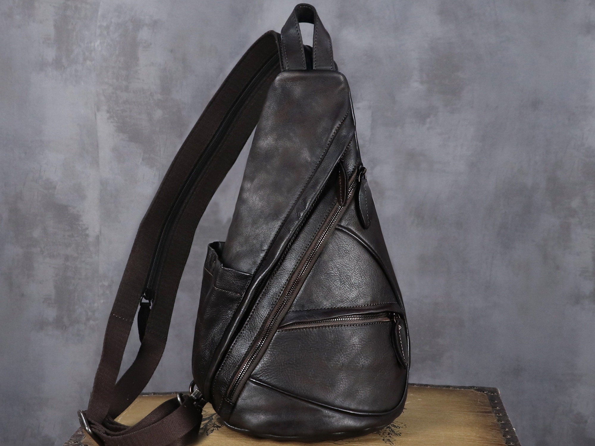 Genuine Leather Sling Bag Casual Shoulder Hiking Backpack - Etsy
