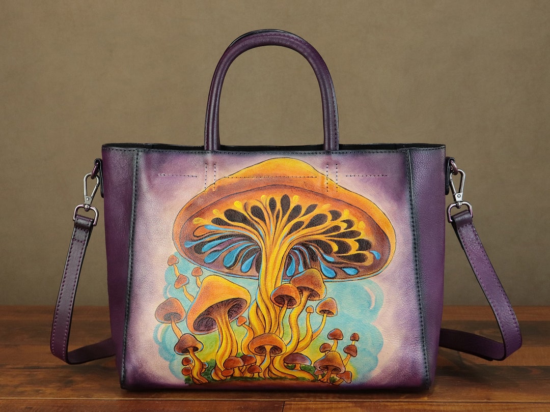 Handmade Genuine Leather Mushroom Handbag: Vintage Painted Crossbody ...