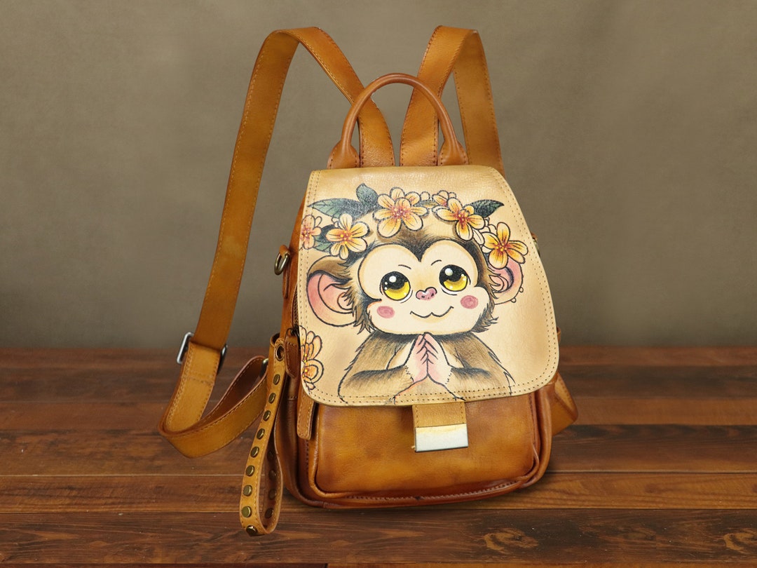 Handmade Genuine Leather Backpack Purse: Hand Painted Monkey Design - Etsy