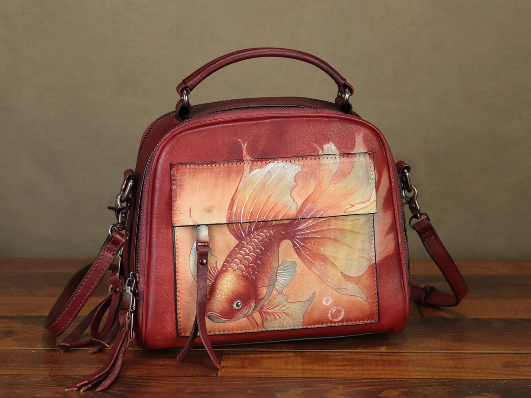 Handmade Genuine Leather Crossbody Bag: Hand Painted Fish Satchel - Etsy