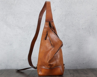 Genuine Leather Sling Bag Casual Shoulder Hiking Backpack - Etsy