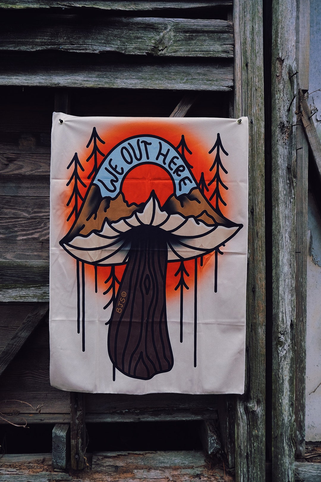 Mushroom Tapestry Flag - Mushroom Art- We Out Here - Hiking - Outdoor ...