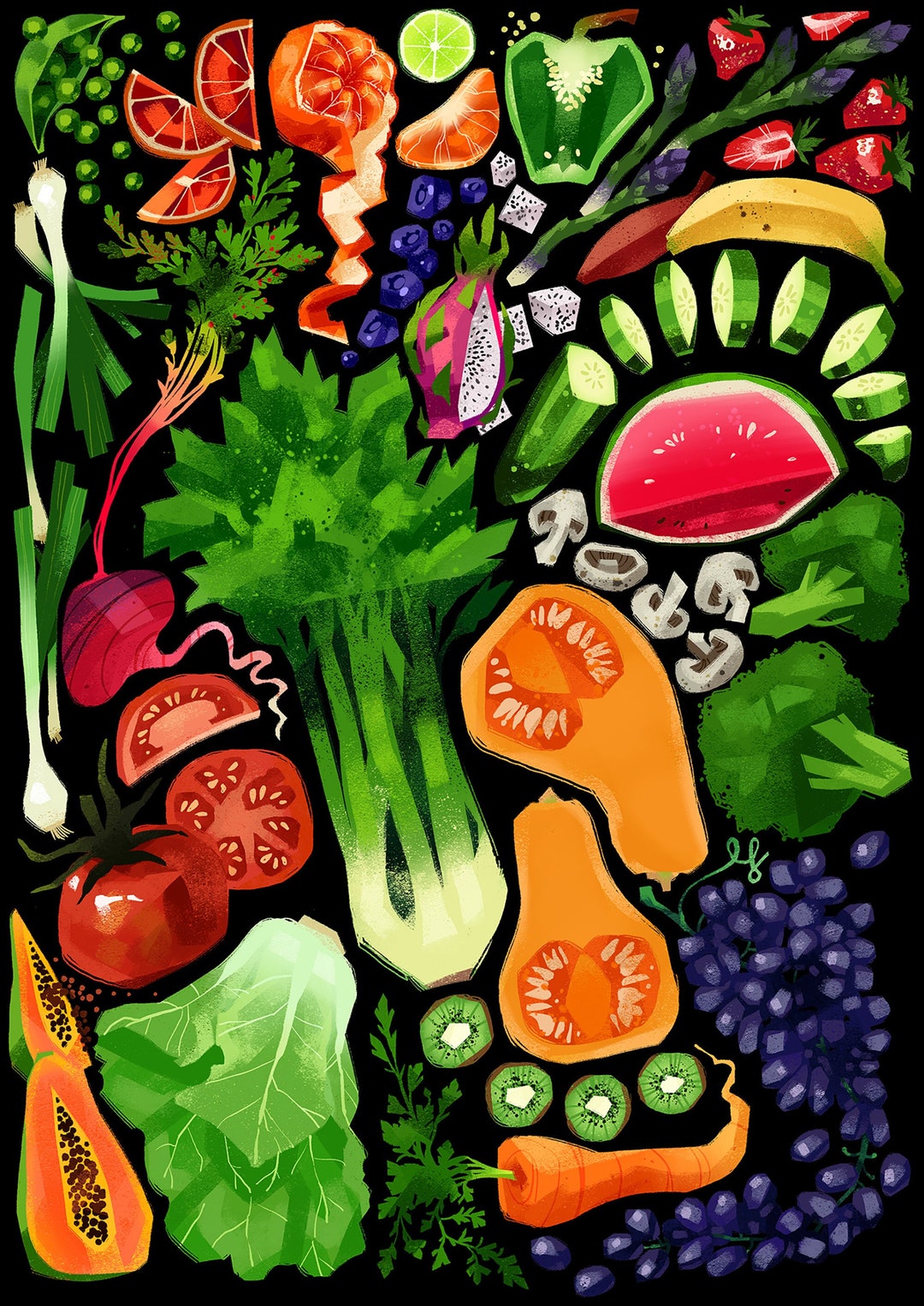 Fruits and Veggies - Art Print - Etsy