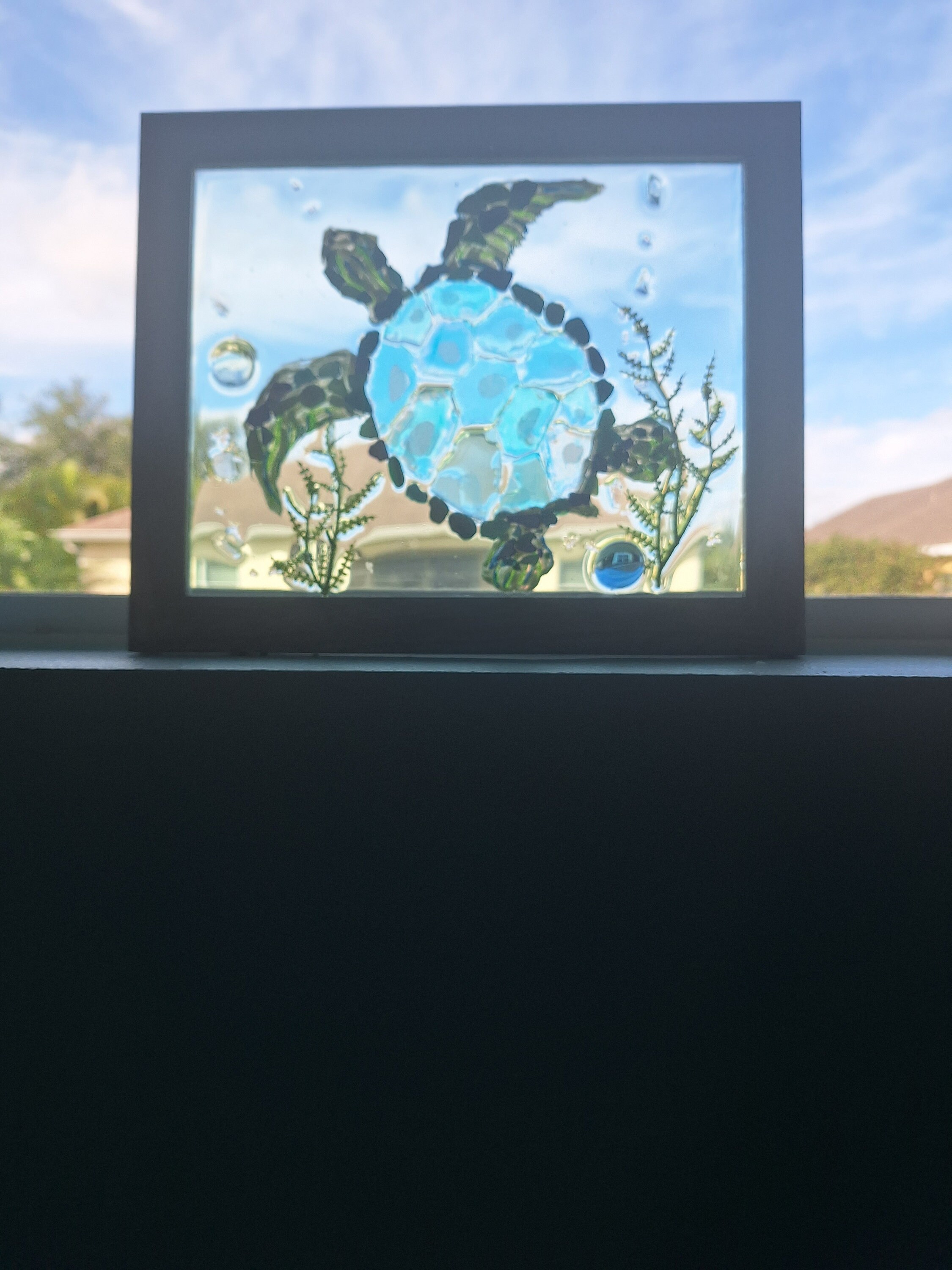 Glass and Shell Turtle Art, Framed Turtle Window, Turtle Suncatcher ...