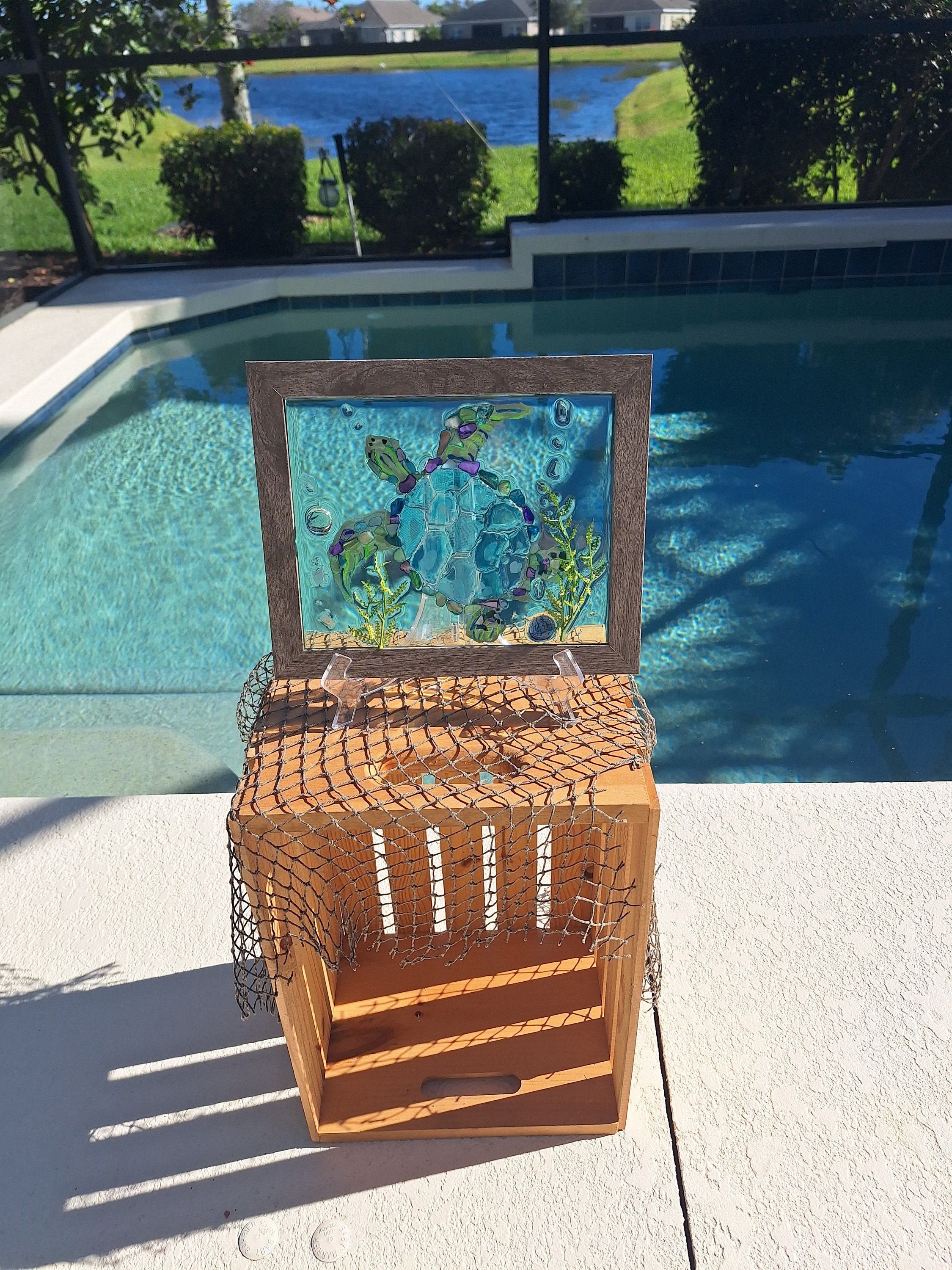 Glass and Shell Turtle Art, Framed Turtle Window, Turtle Suncatcher ...