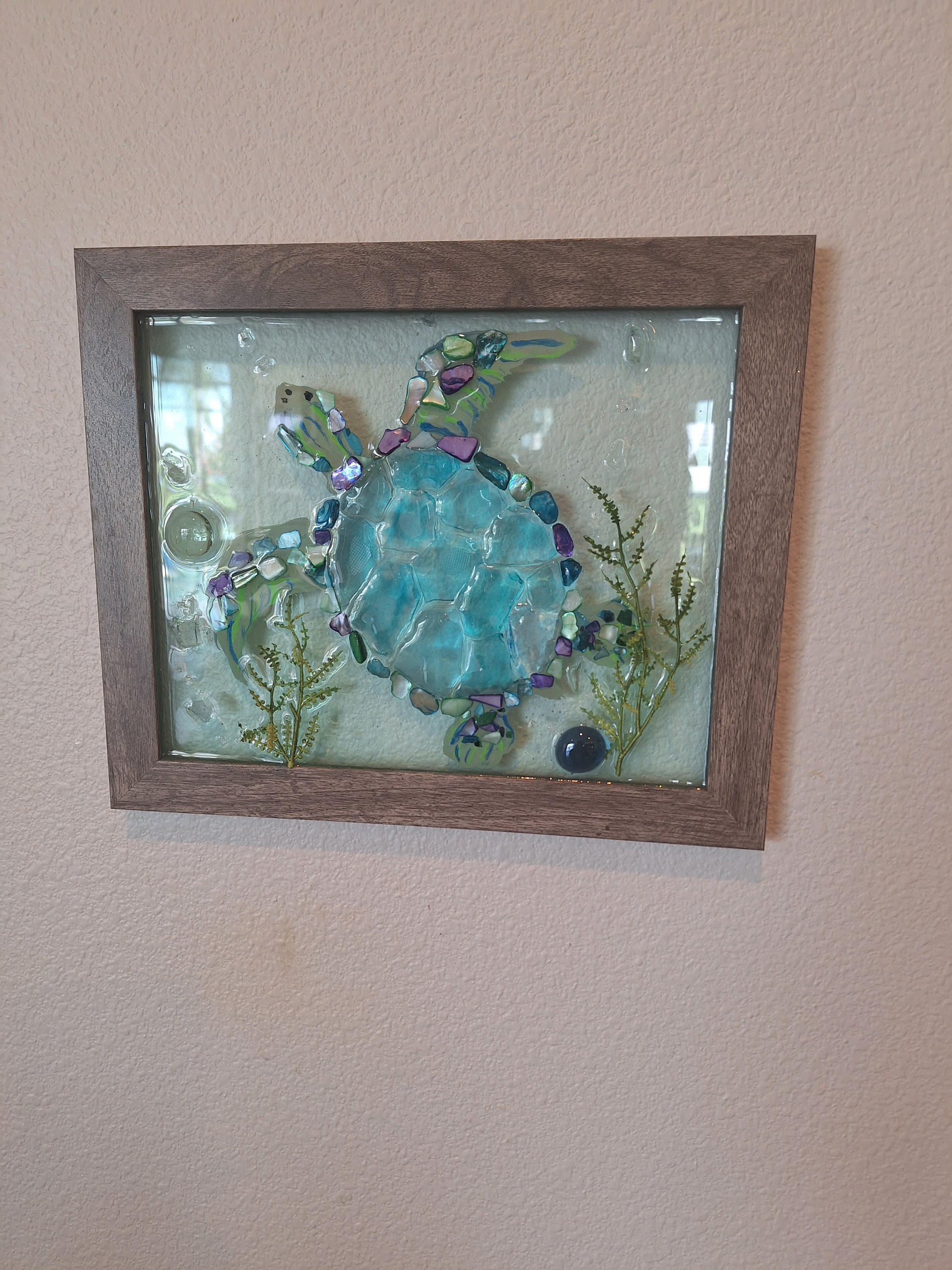 Glass and Shell Turtle Art, Framed Turtle Window, Turtle Suncatcher ...
