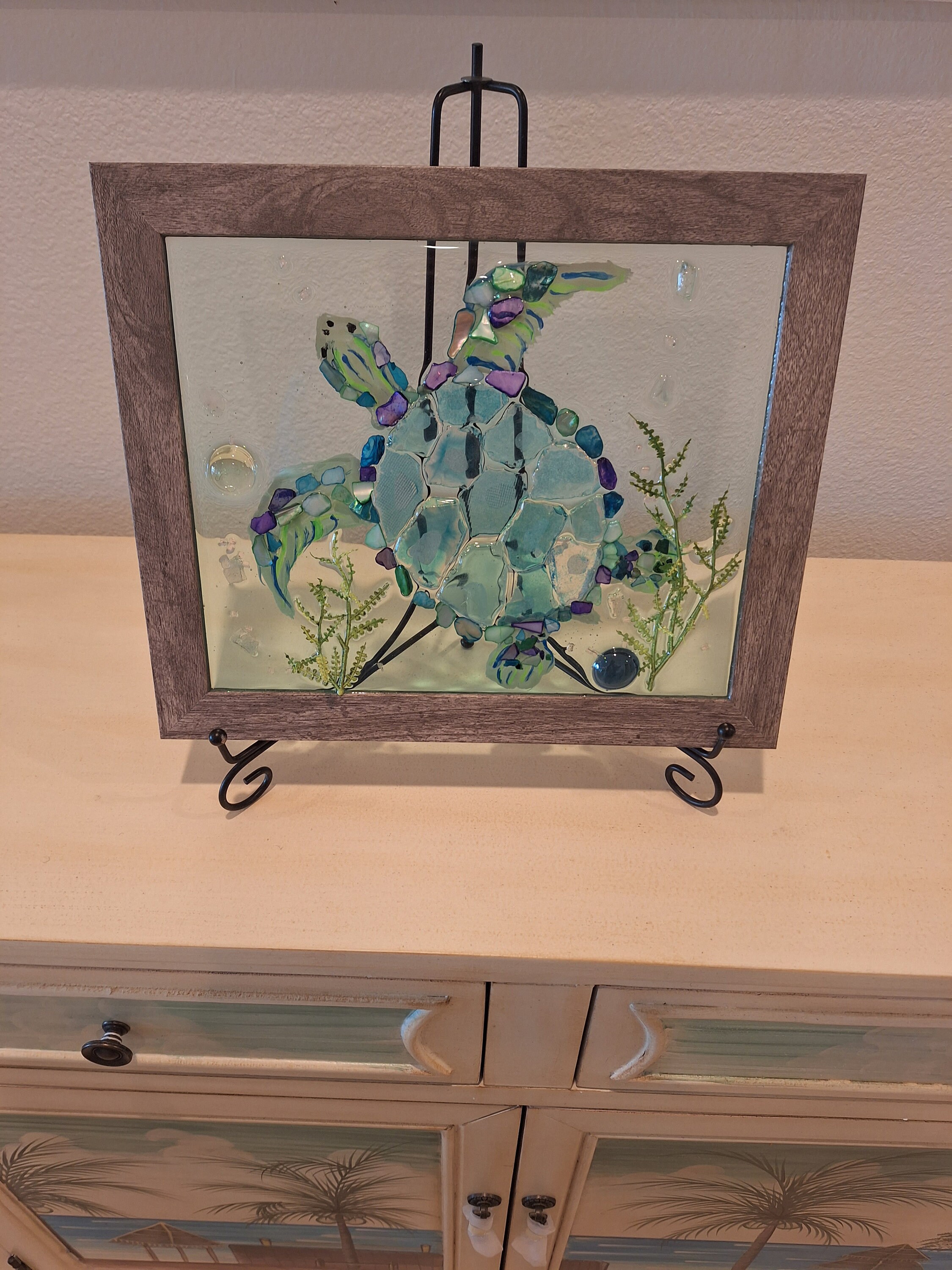 Glass and Shell Turtle Art, Framed Turtle Window, Turtle Suncatcher ...