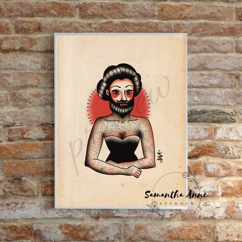 Bearded Lady Traditional Tattoo Print | Old School Circus Freak Art ...