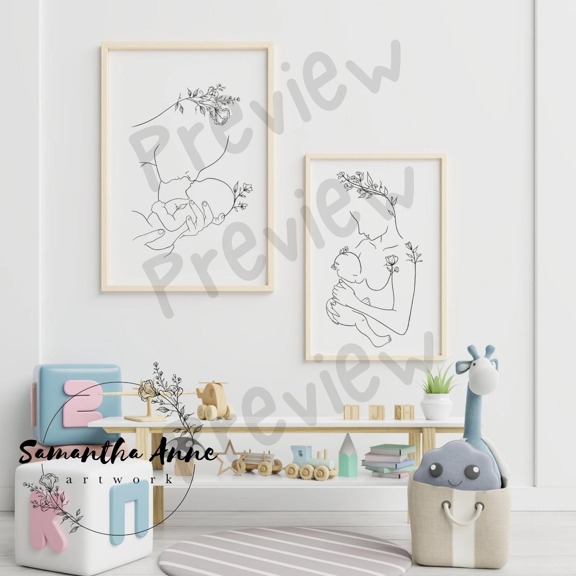 Breastfeeding Line Art Print | Mother and Child Breastfeed Art ...