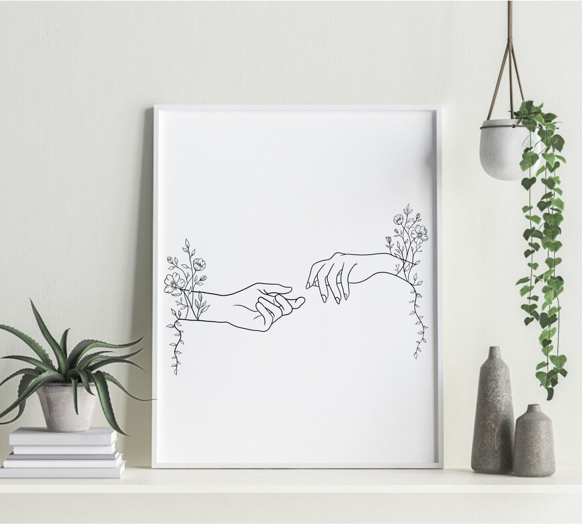 Reaching Hands Couple Line Art Floral Fine Line Wall Print | Etsy