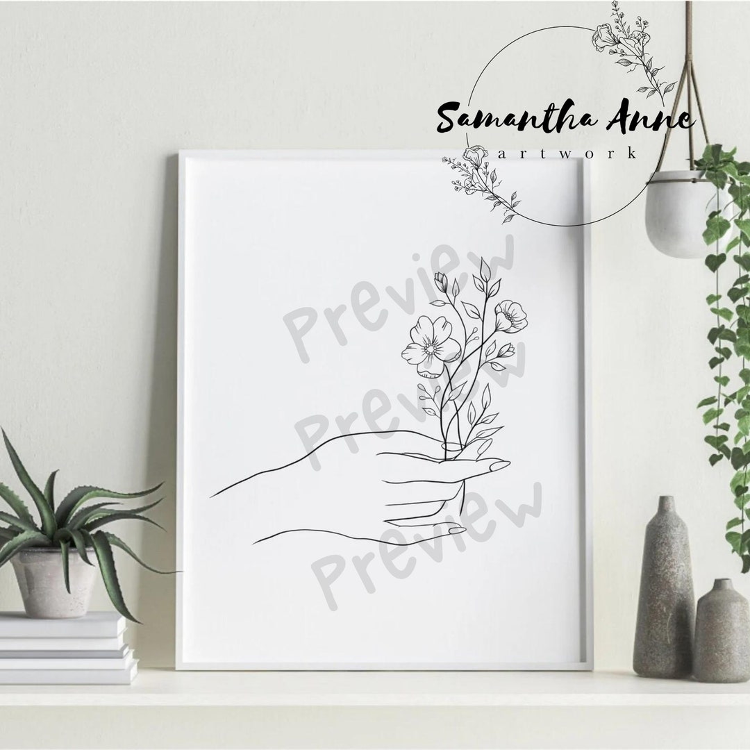 Flower Hand Art Print | Flowers Line Art | Hans Holding Flowers Wall ...