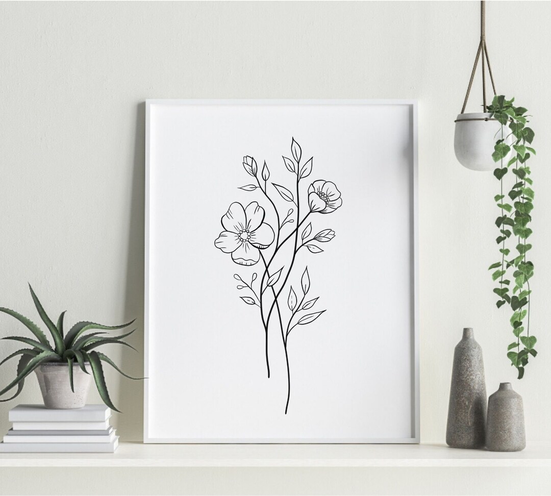 Flowers Line Art Print | Floral Art Wall Decor | Botanical Fine Line ...