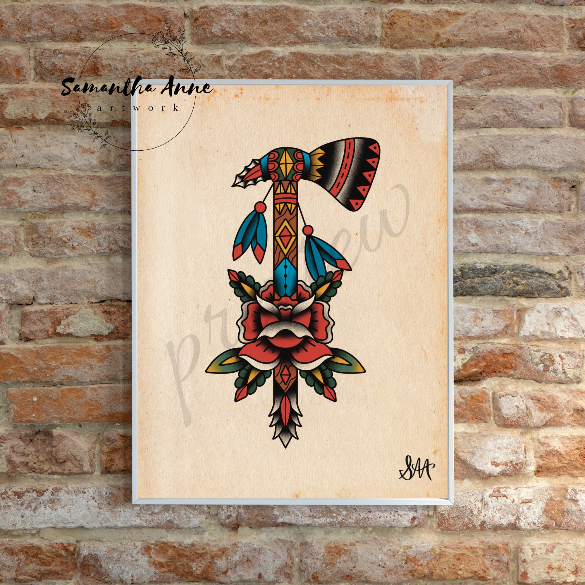 Old School Tattoo Tomahawk Print | Native American Tomahawk Art ...