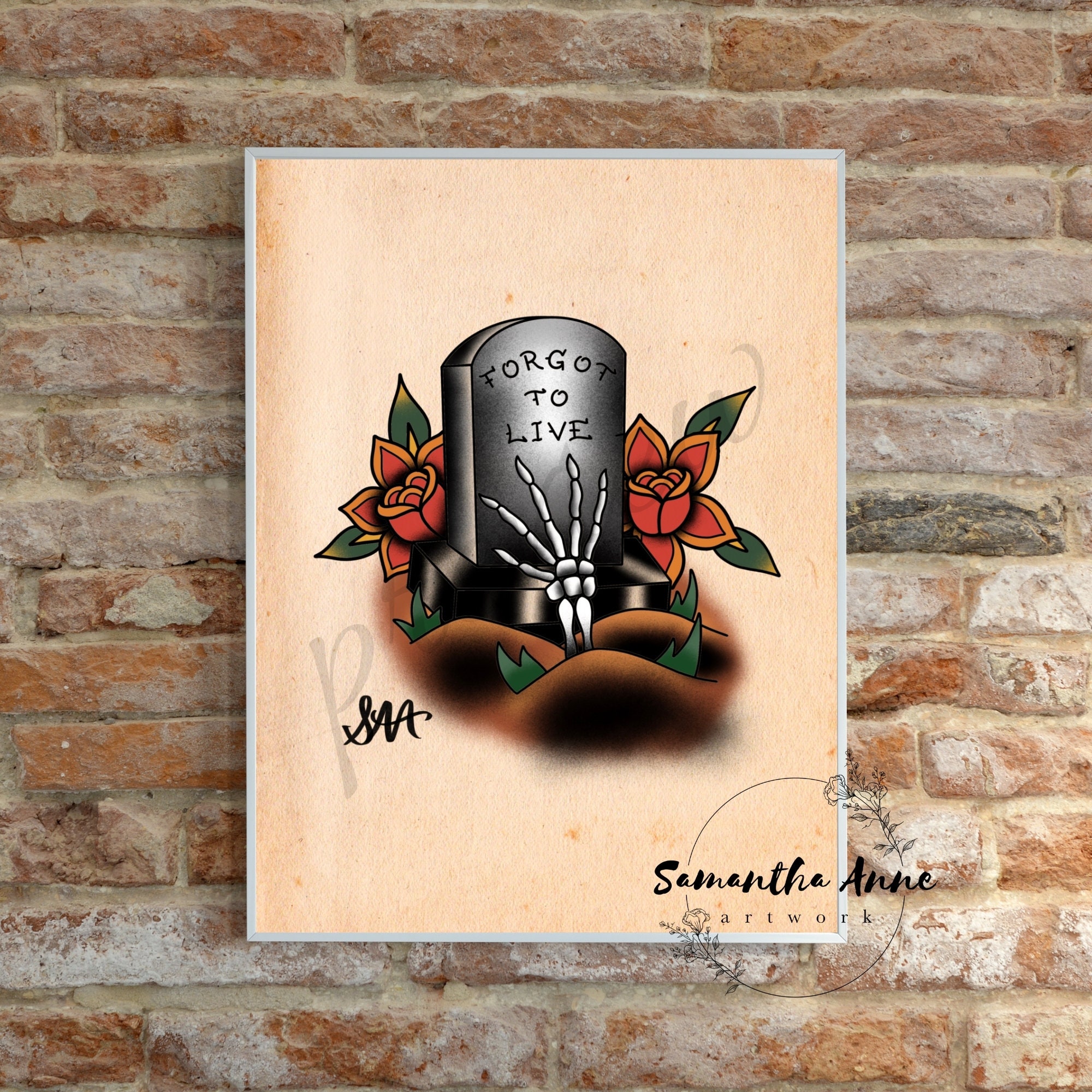 Traditional Tattoo Style Gravestone Print Skeletal Tattoo | Etsy