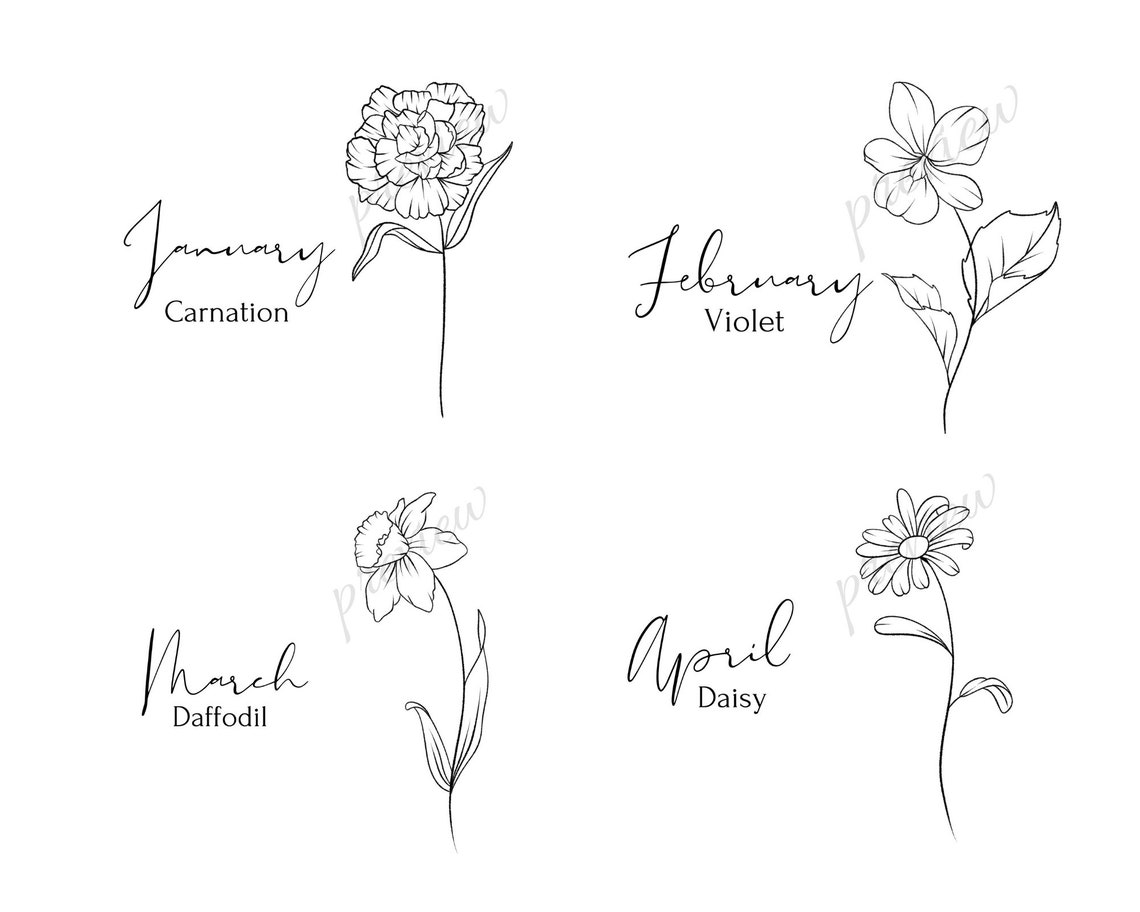 CUSTOM Family Birth Flower Bouquet Floral Line Art Birth | Etsy