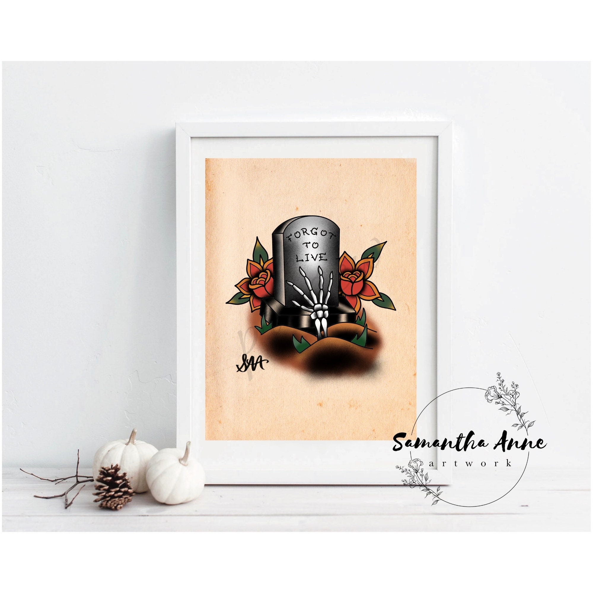 Traditional Tattoo Style Gravestone Print Skeletal Tattoo | Etsy