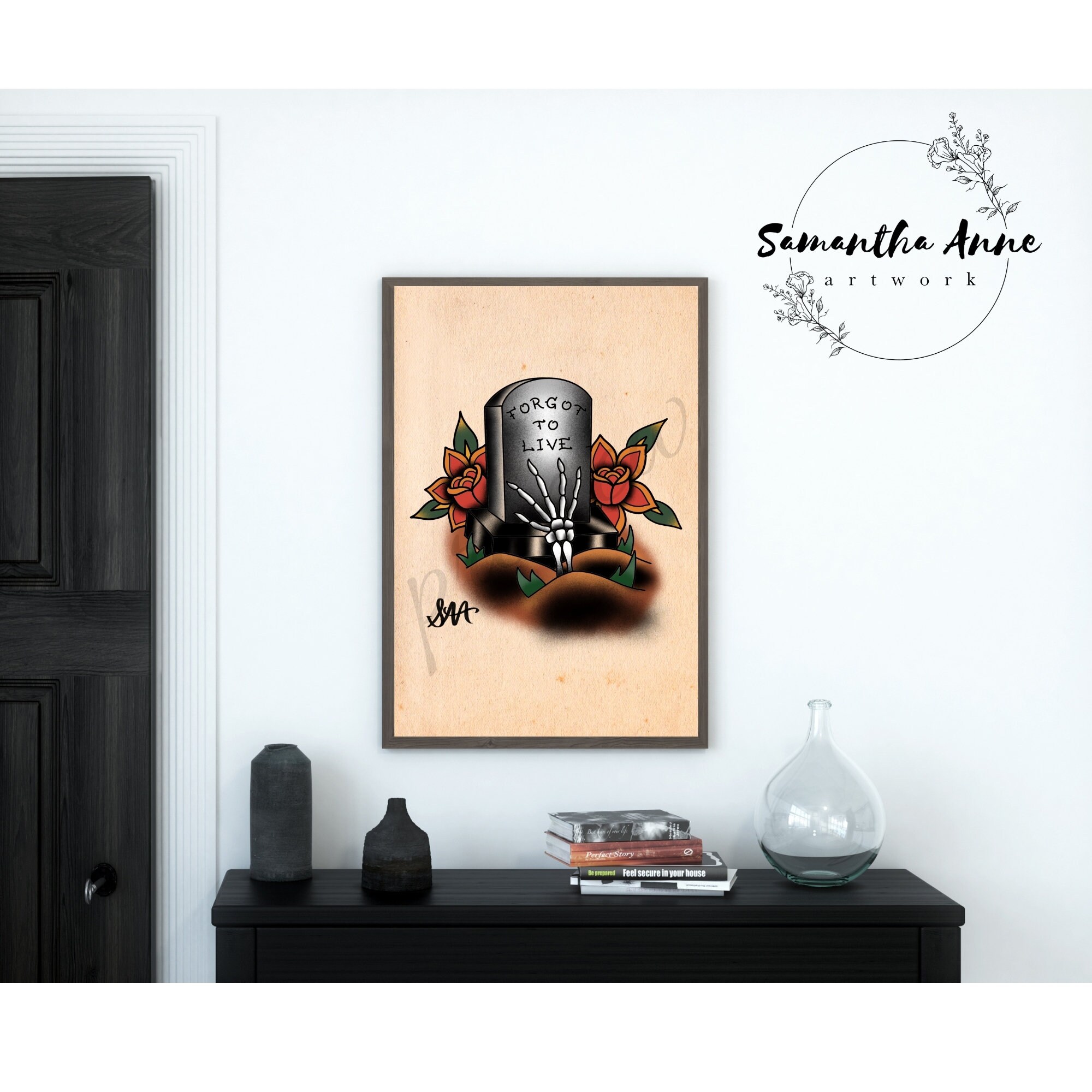 Traditional Tattoo Style Gravestone Print Skeletal Tattoo | Etsy