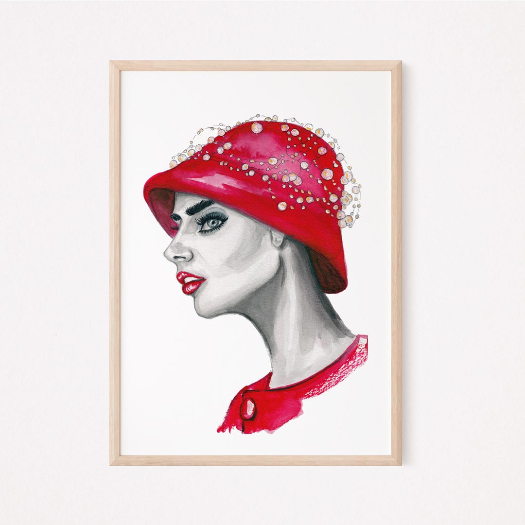 Vintage Woman Portrait Print, Red Hat Art, Fashion Illustration ...