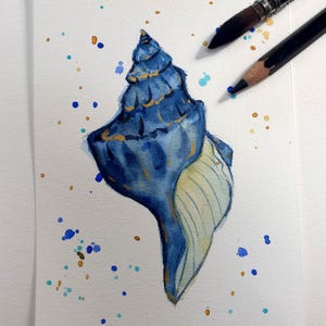 Blue Conch Shell Original Watercolor Painting, Seashell Miniature ...