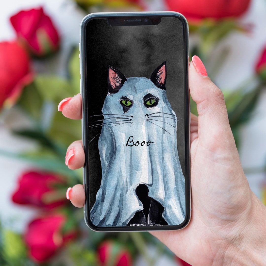 Ghost Cat Phone Wallpaper, Spooky Halloween Background (digital ...