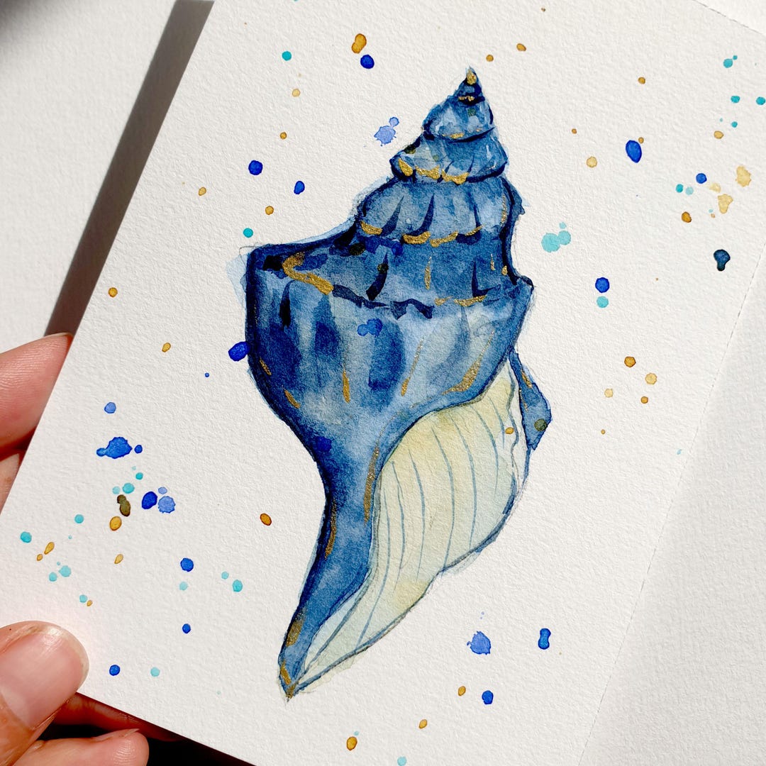 Blue Conch Shell Original Watercolor Painting, Seashell Miniature ...