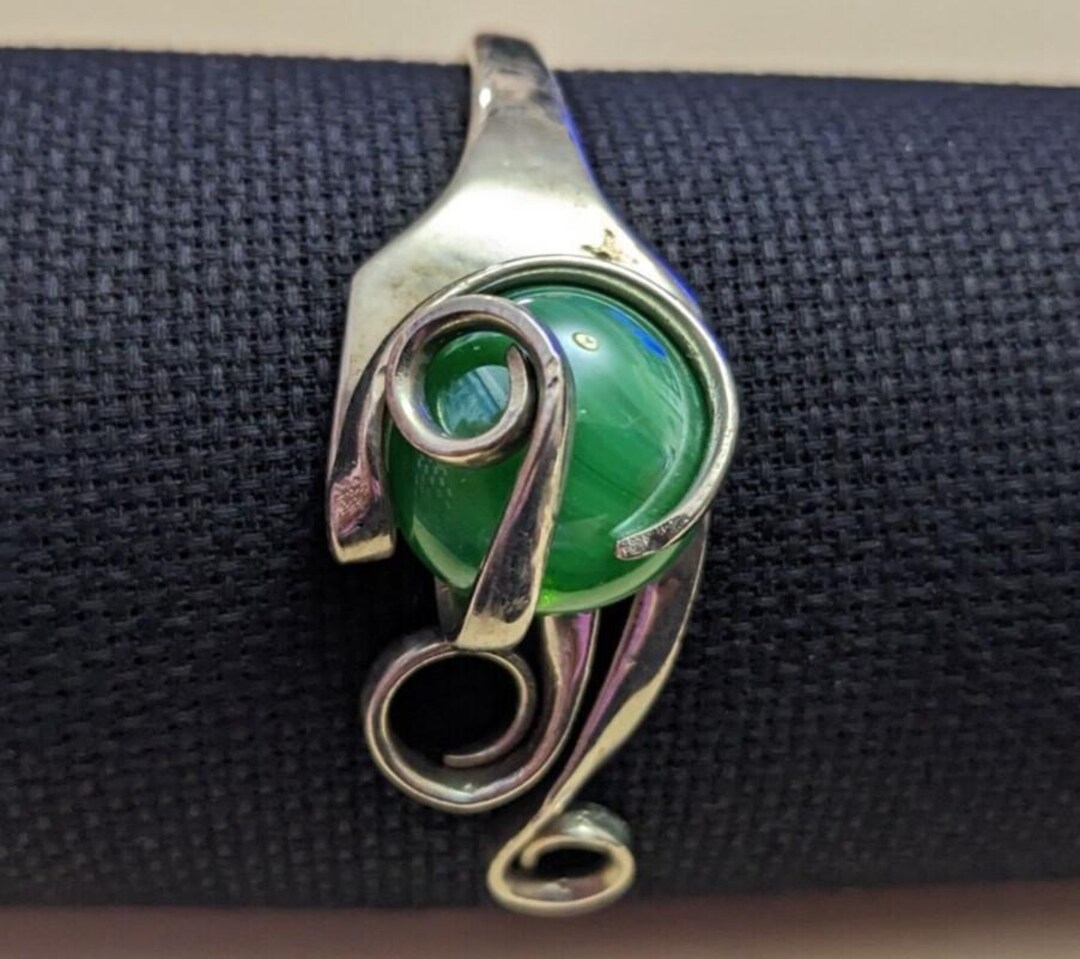 Vintage Alpacca-silco Bent Fork Bracelet Malachite(?) Silver Plated ...