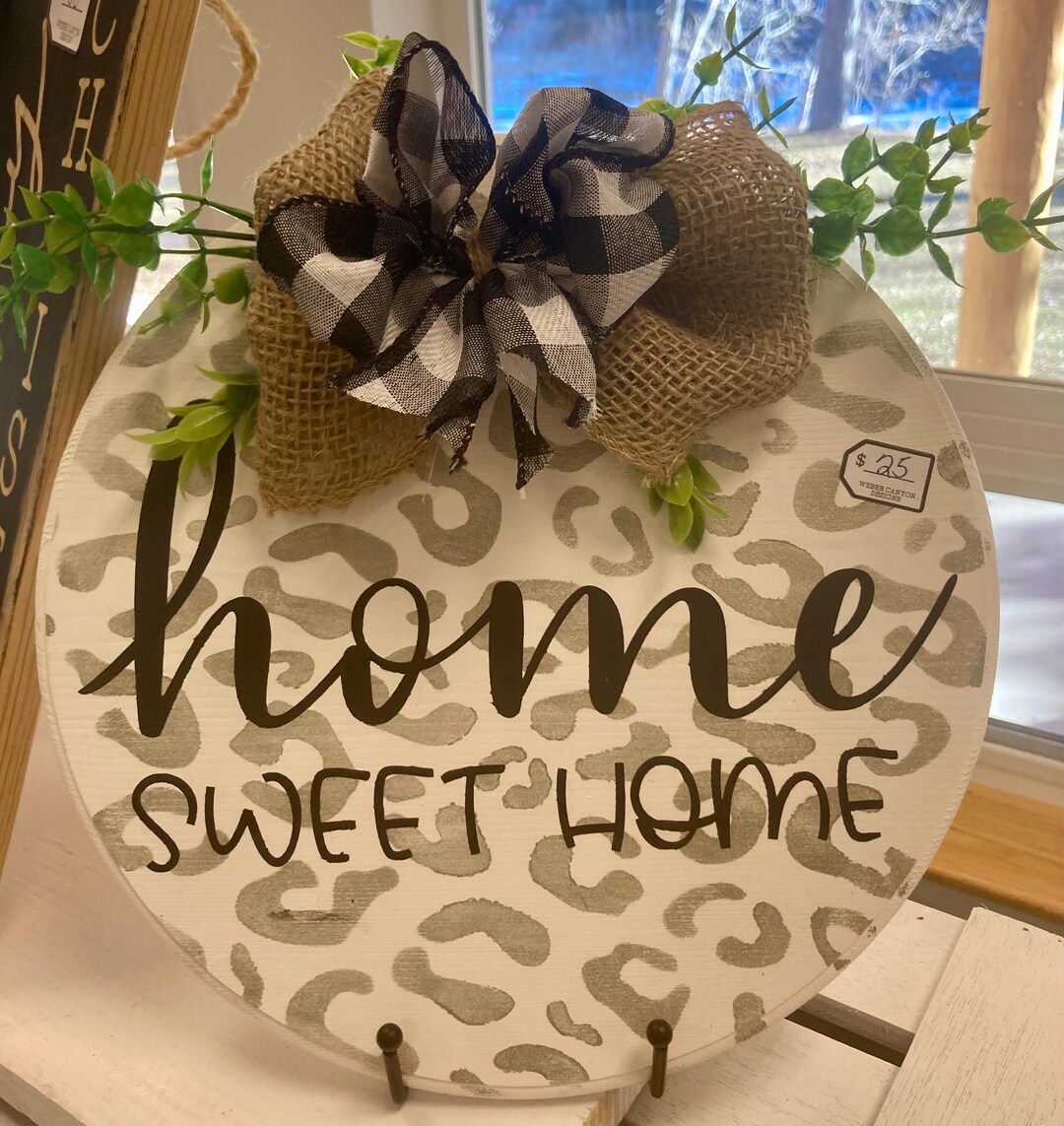 Handcrafted Home Sweet Home Door Hanger, Leopard Print & Buffalo Check ...