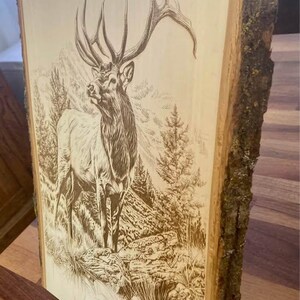 Bull Elk Engraving on Live Edge Wood Plank - Etsy